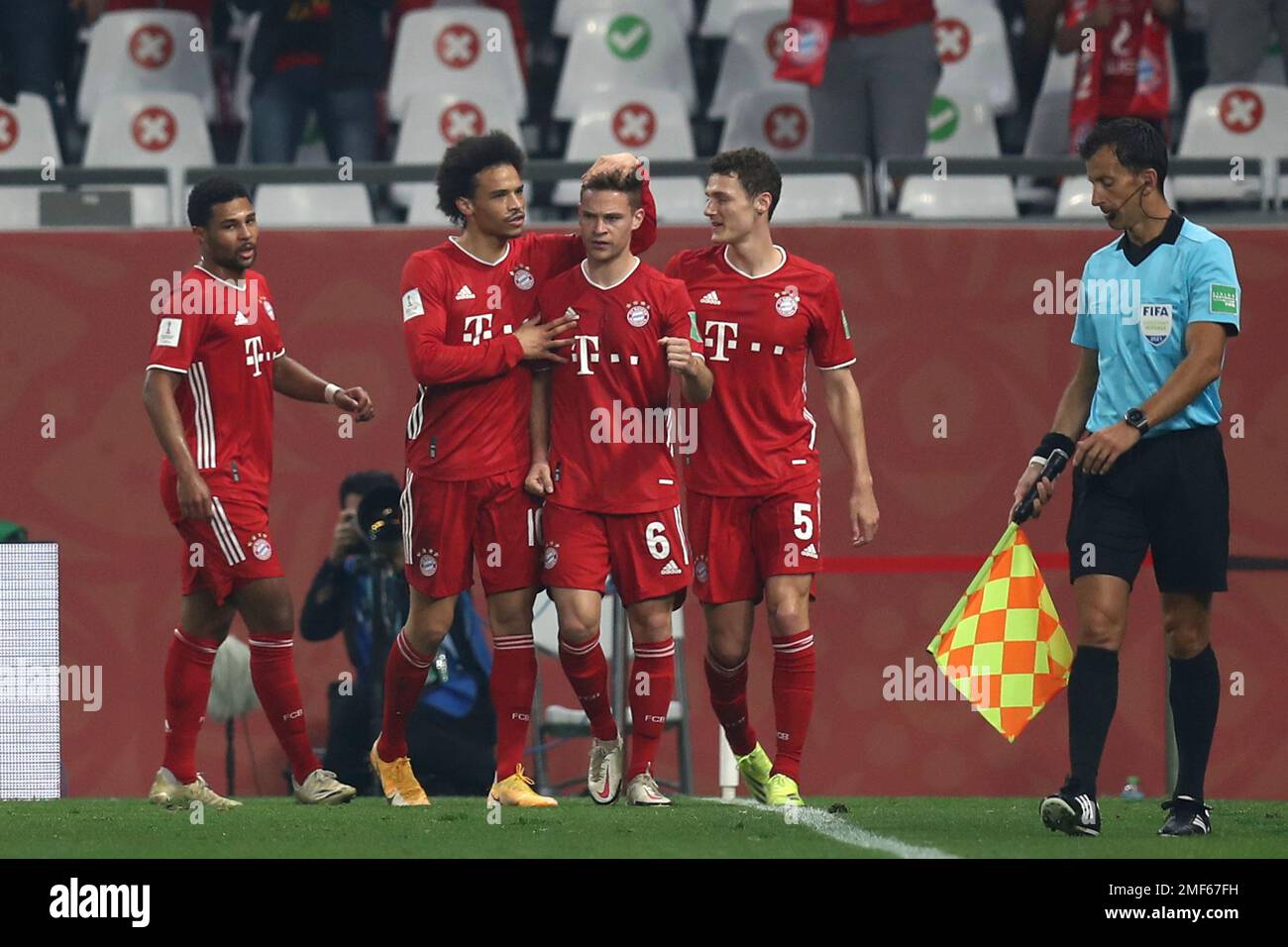 Bayern's Joshua Kimmich, center, celebrates before having his goal ...