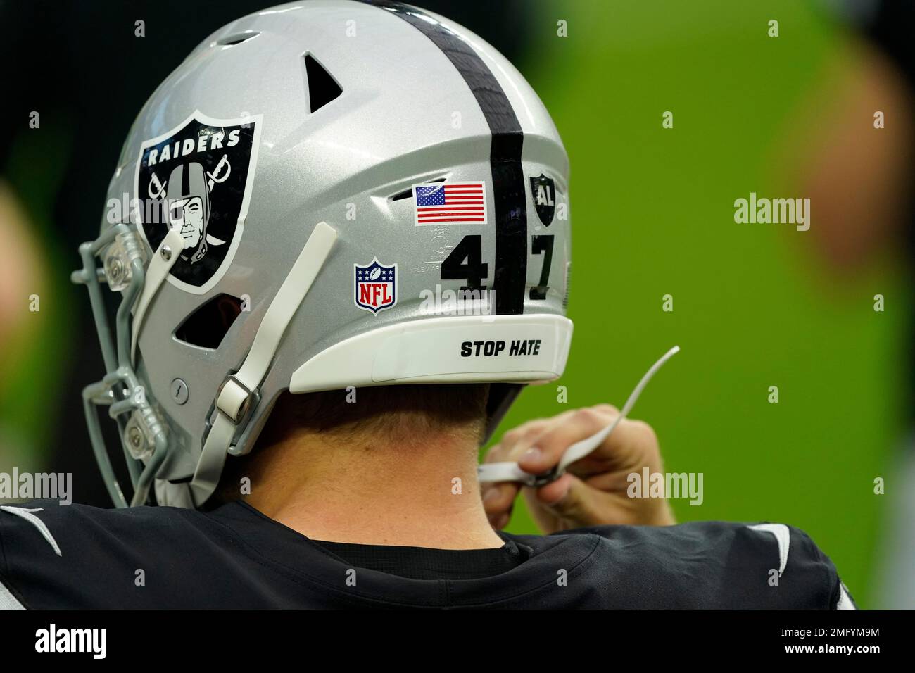 A detailed view of the helmet of Las Vegas Raiders long snapper Trent ...