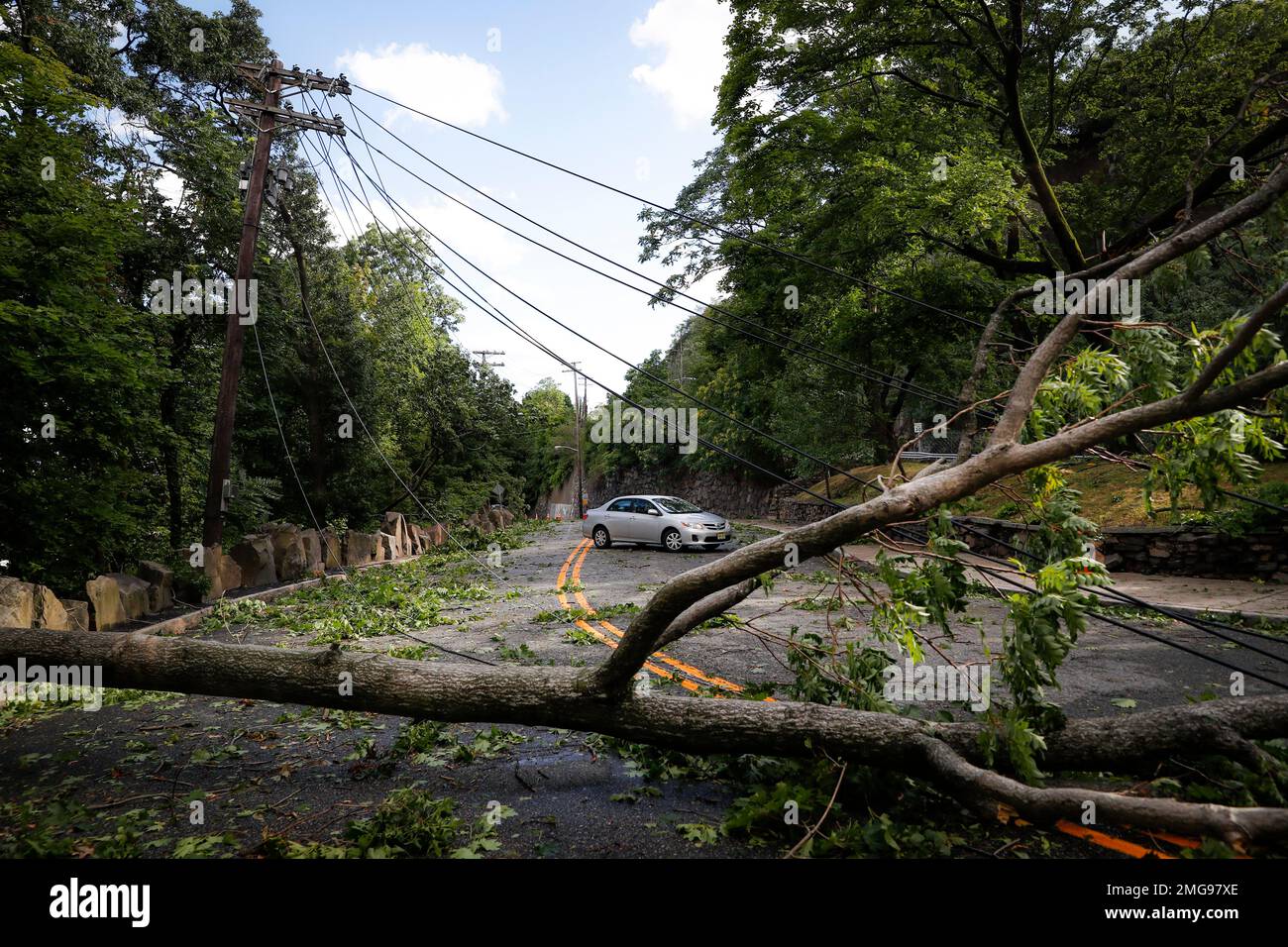 Debris and power lines lie in a road brought down by high winds and ...