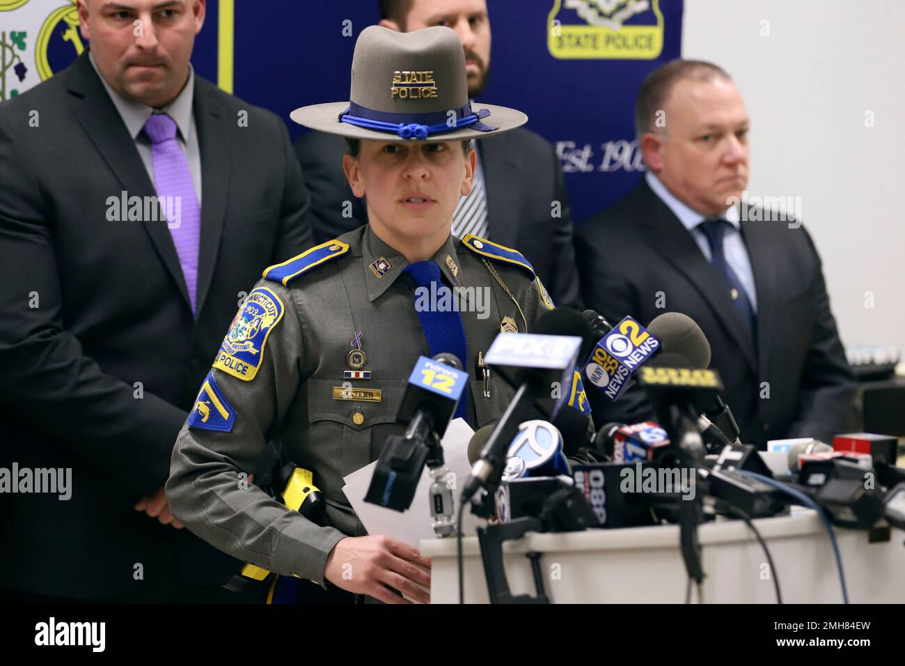 Connecticut State Police information officer Christine Jeltema speaks ...