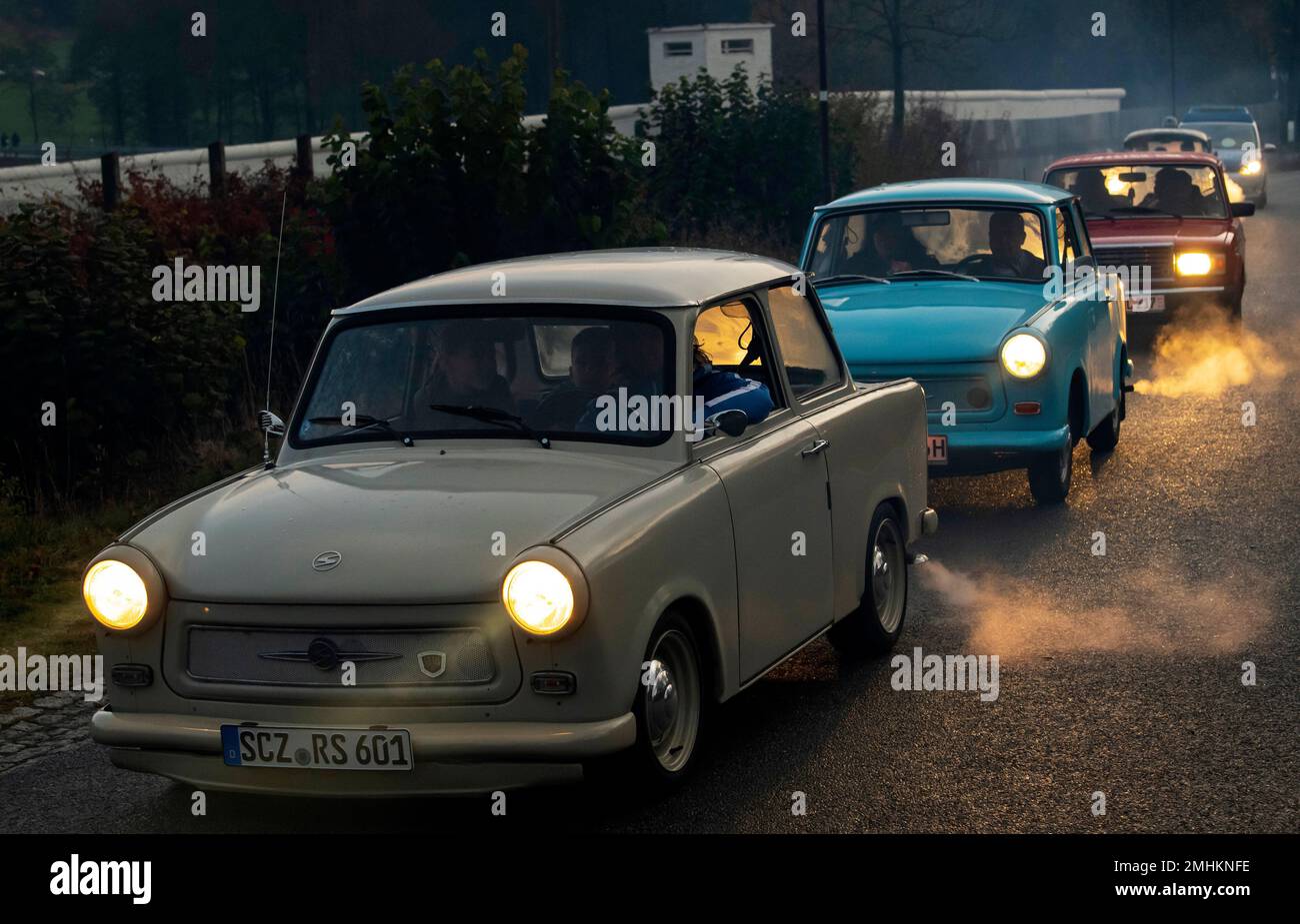 The legendary GDR Trabant (Trabi) cars drive along, during a symbolic ...
