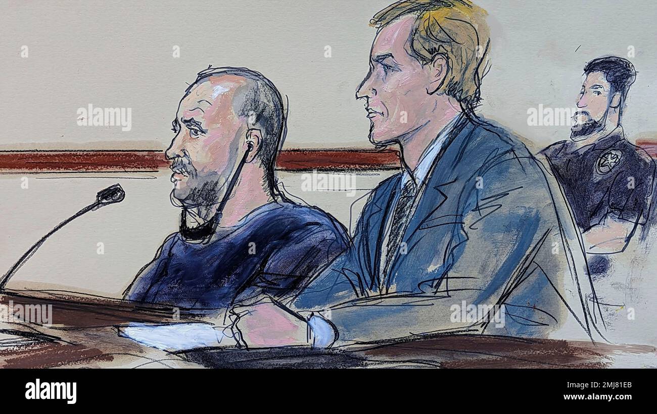 In this courtroom sketch, Rafat Amirov, left and his attorney Michael ...