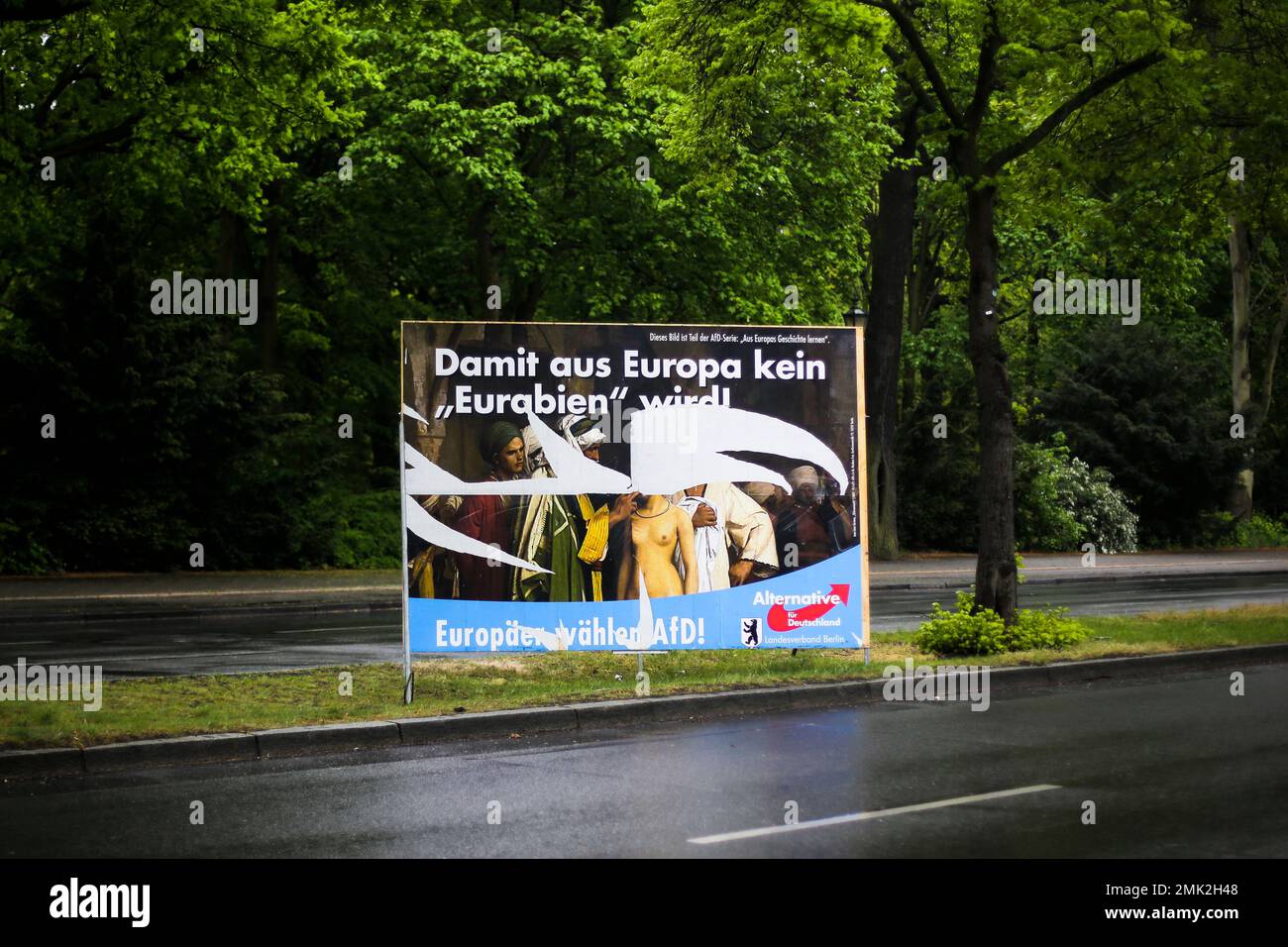 In this Monday, April 29, 2019 photo, an destroyed election campaign ...