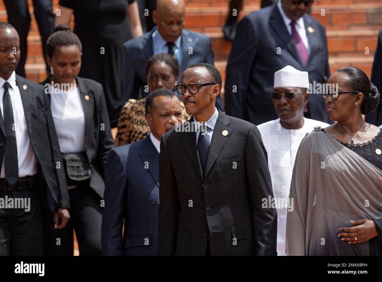 Rwanda's President Paul Kagame, center, and First Lady Jeannette Kagame ...