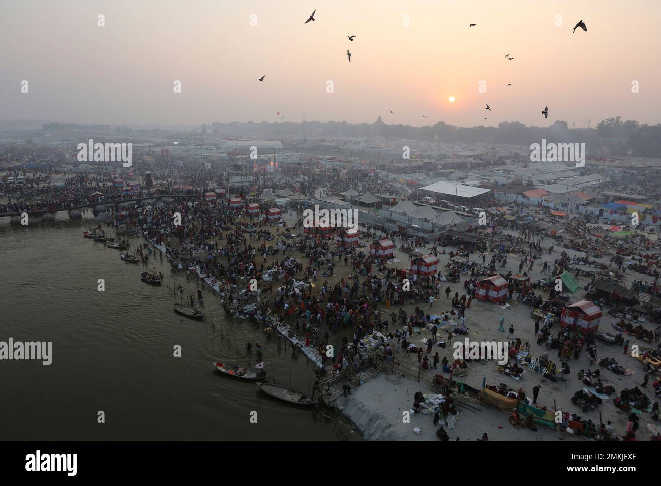 An aerial view of pilgrims and tents at Sangam, the confluence of ...