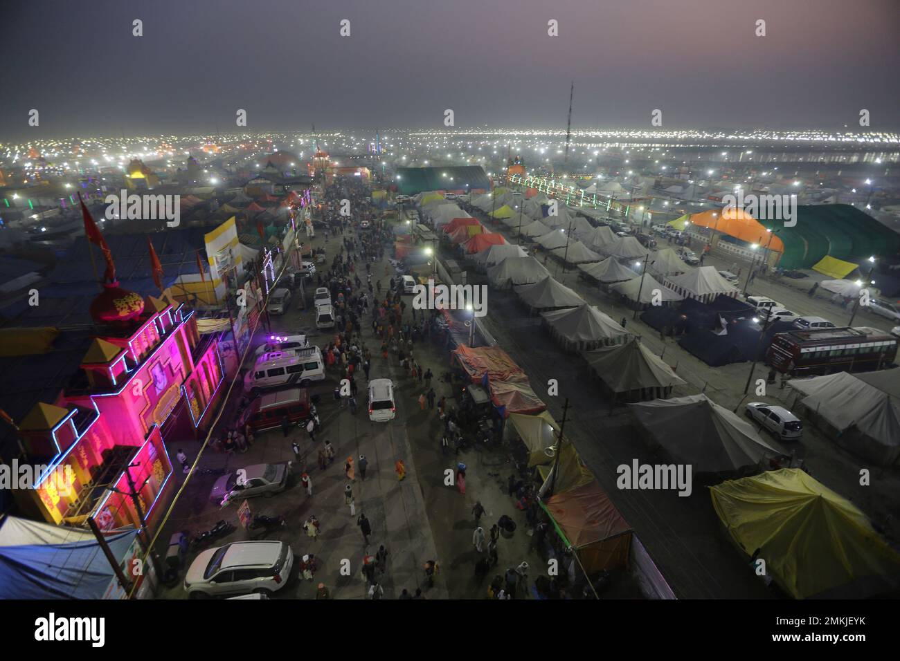An aerial view of tents at Sangam, the confluence of rivers Ganges ...
