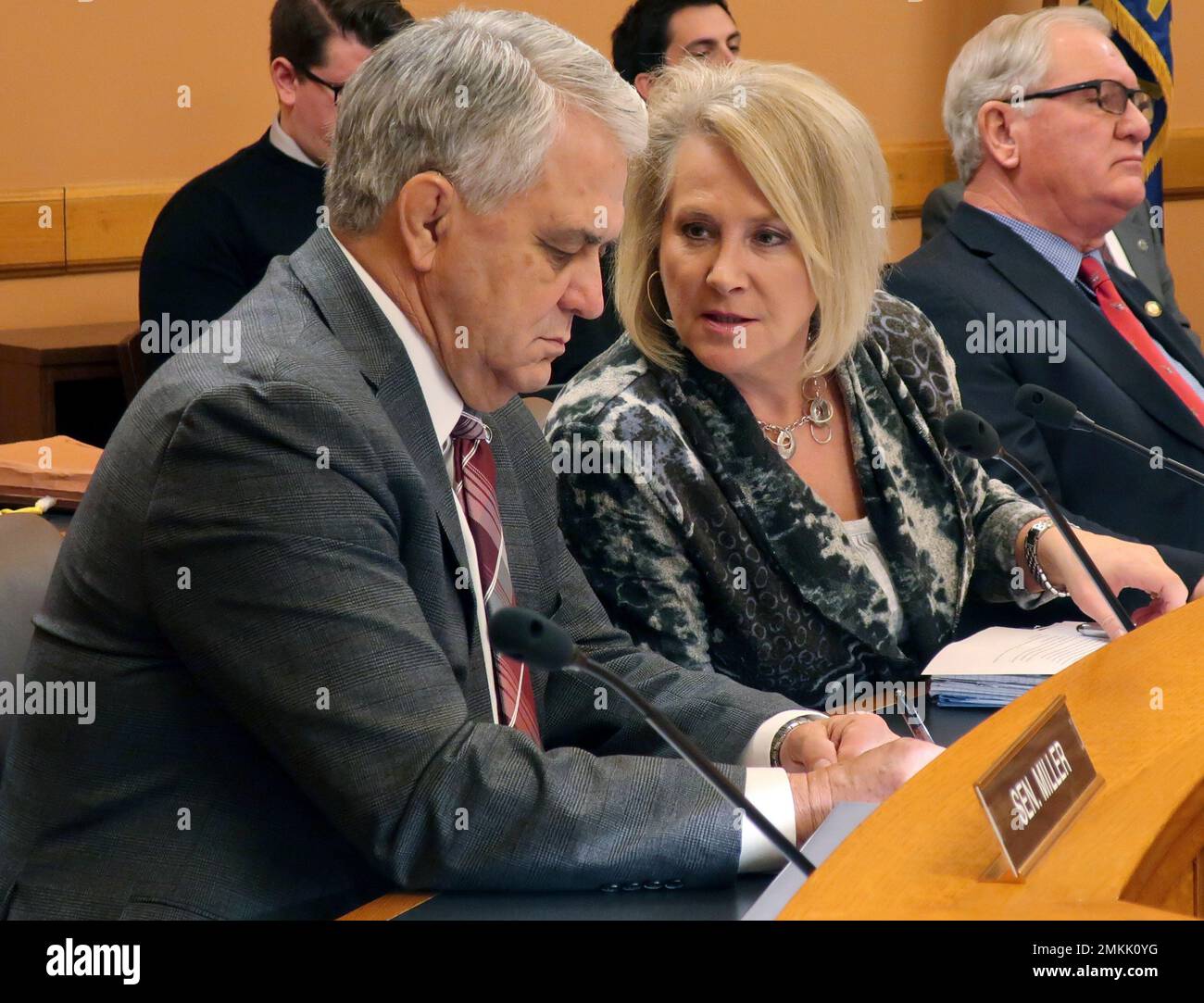 Kansas state Sen. Julia Lynn, right, R-Olathe, confers with Sen. Larry ...