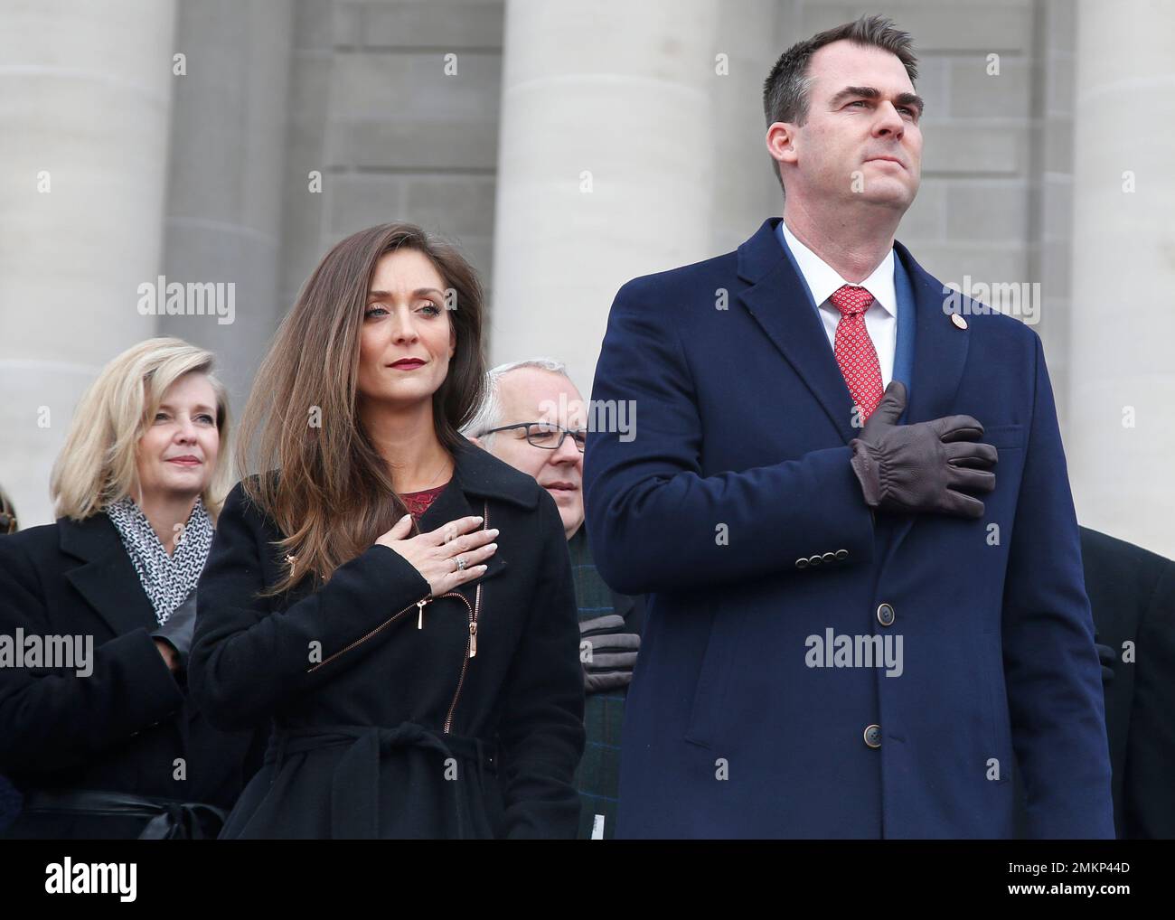 Oklahoma Governor Kevin Stitt, right, and his wife, Sarah Stitt, hold ...
