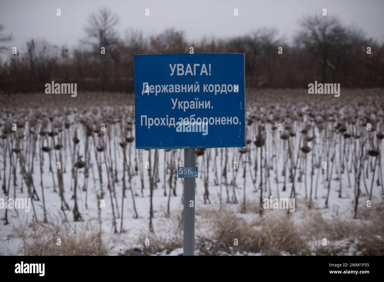 A sign reads "Attention, State Border of Ukraine, No Entry!" Is seen at ...