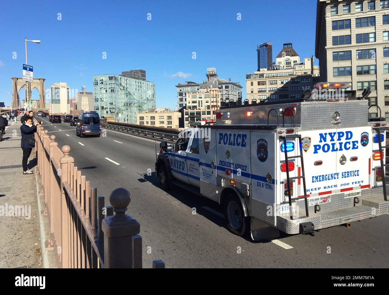 In this Oct. 30, 2018 photo, an NYPD emergency service vehicle brings ...