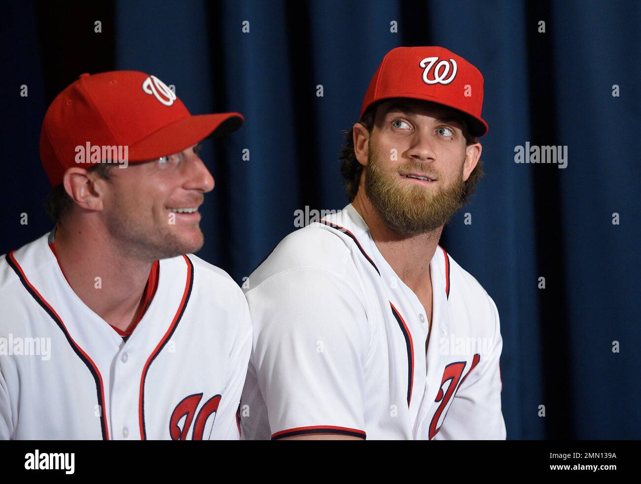 FILE - In this July 26, 2017, file photo, Washington Nationals' Max Scherzer, left, and Bryce ...