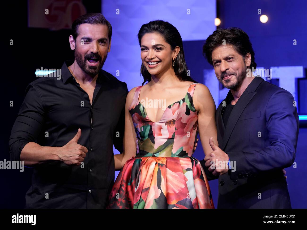 Bollywood actors from left, John Abraham, Deepika Padukone and Shah Rukh Khan during a press ...