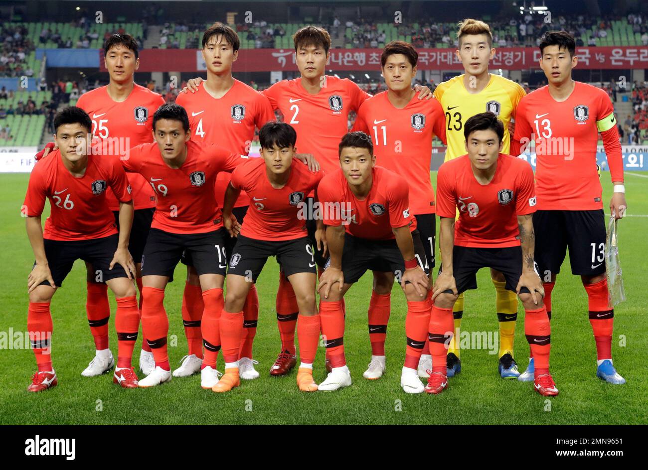 South Korea's national soccer team players, front row from left, Ju Se ...