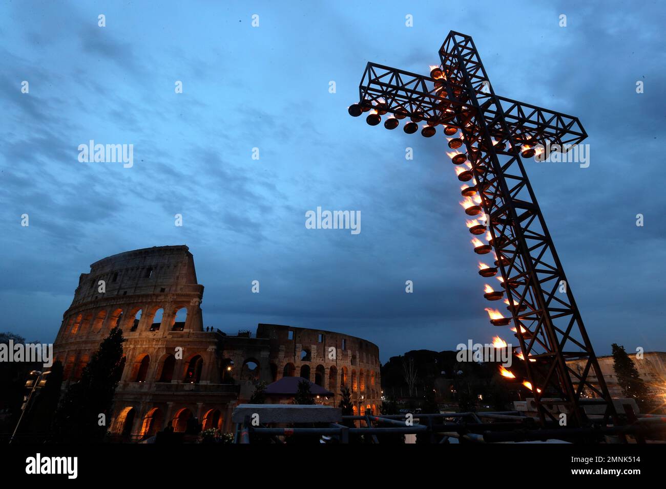A view of the cross, lit ahead of Pope Francis arrival for the Via ...