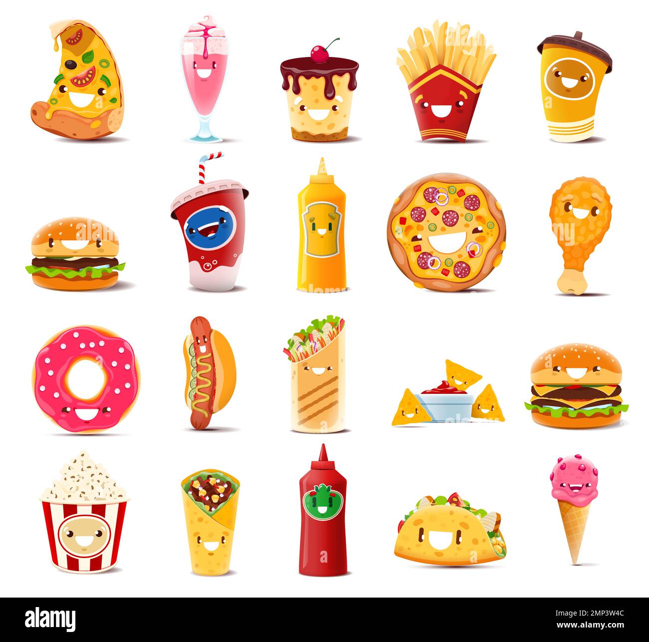 Personaggi del fumetto fast food. Pizza vettoriale e gelato, patatine ...