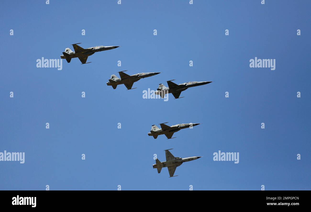 Fighter jets of the Kenya Air Force perform a flyover during a ceremony ...