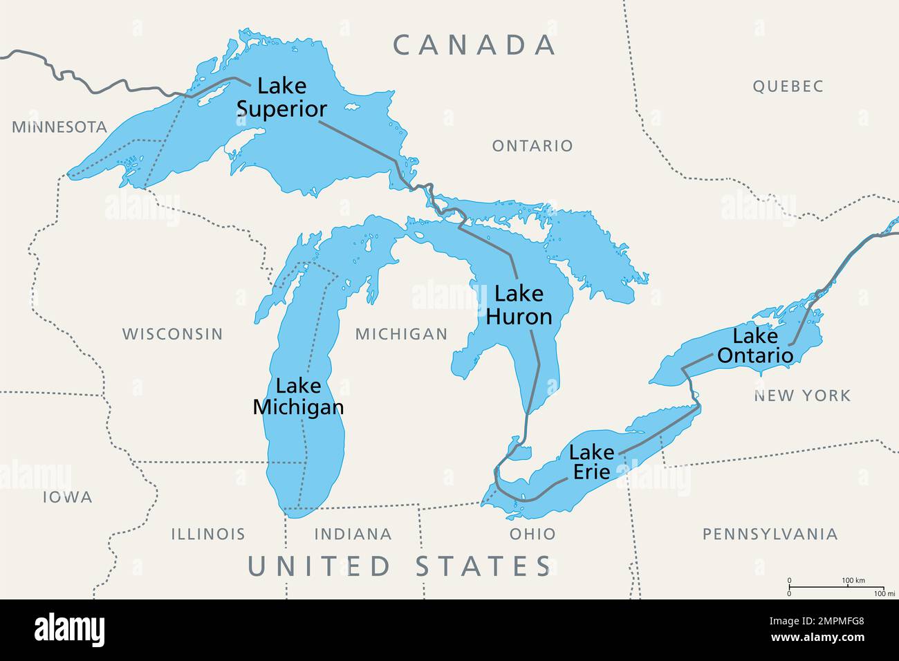 Grandi Laghi del Nord America, mappa politica. Lago Superior, Michigan ...