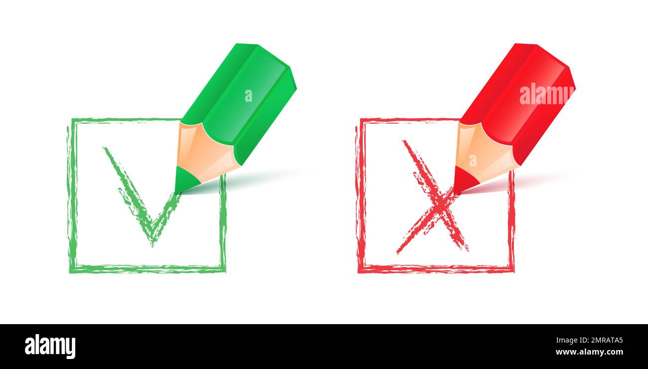 Disegno a matita segno di spunta verde e croce rossa isolati su sfondo ...