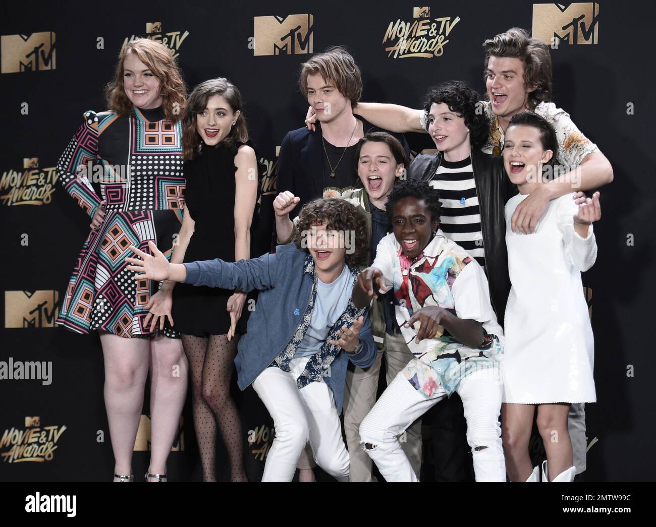 Shannon Purser, from background left, Natalia Dyer, Charlie Heaton ...