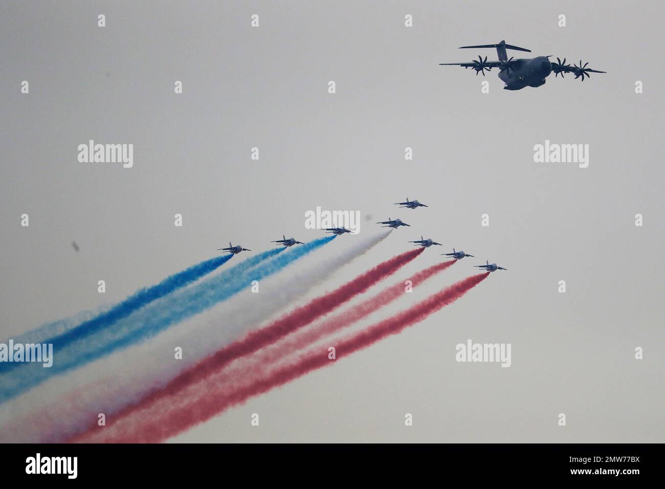 The French Air Force's Patrouille de France, led by an A400 Airbus ...
