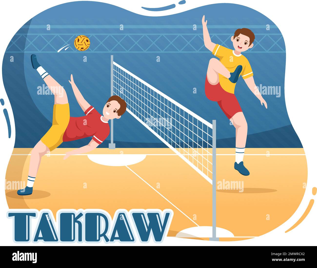 Sepak Takraw Illustrazione con atleta giocando Kick Ball sul campo in ...