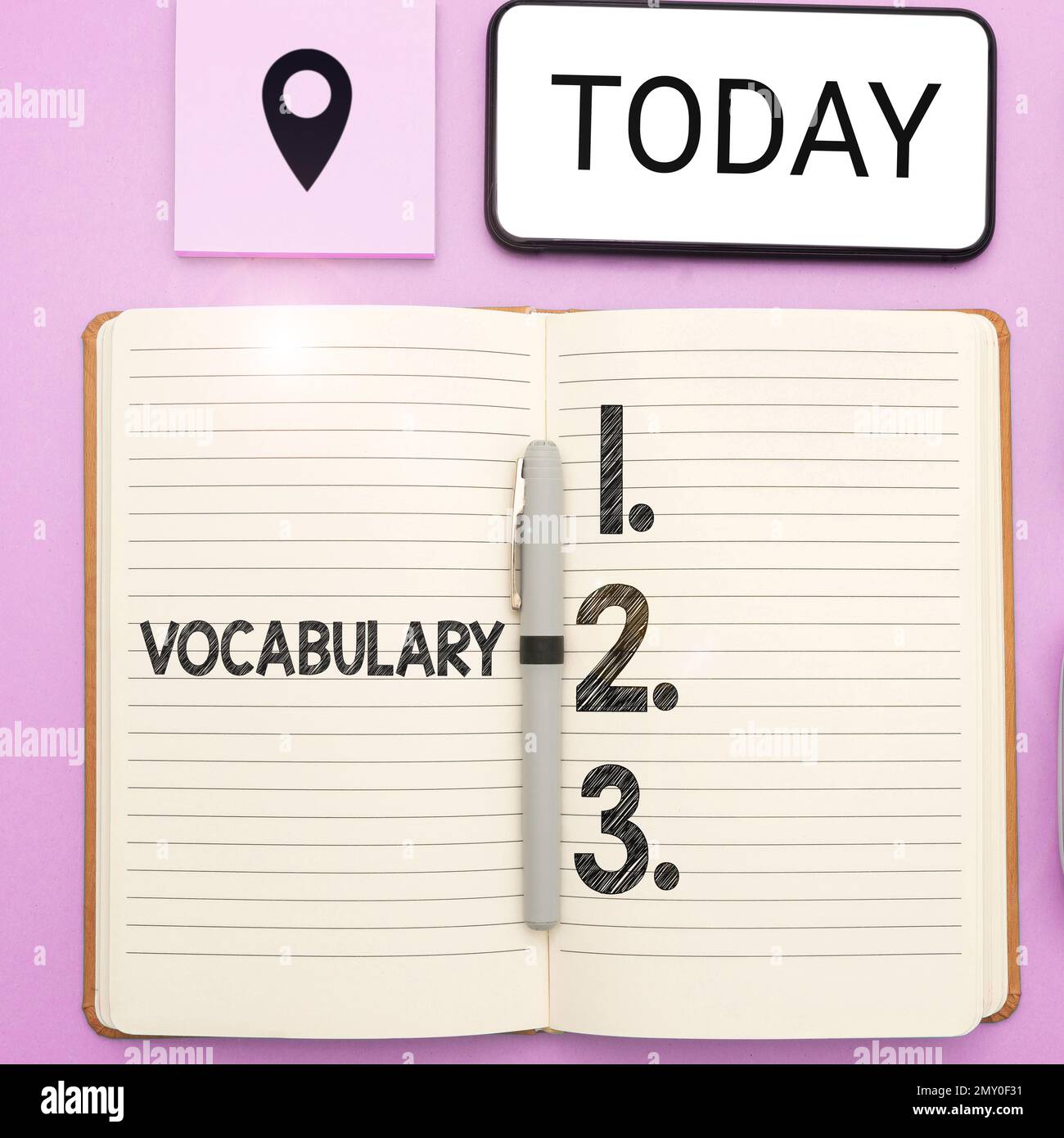 Vocabolario del segno di scrittura della mano. Raccolta di foto concettuali di parole e frasi ...