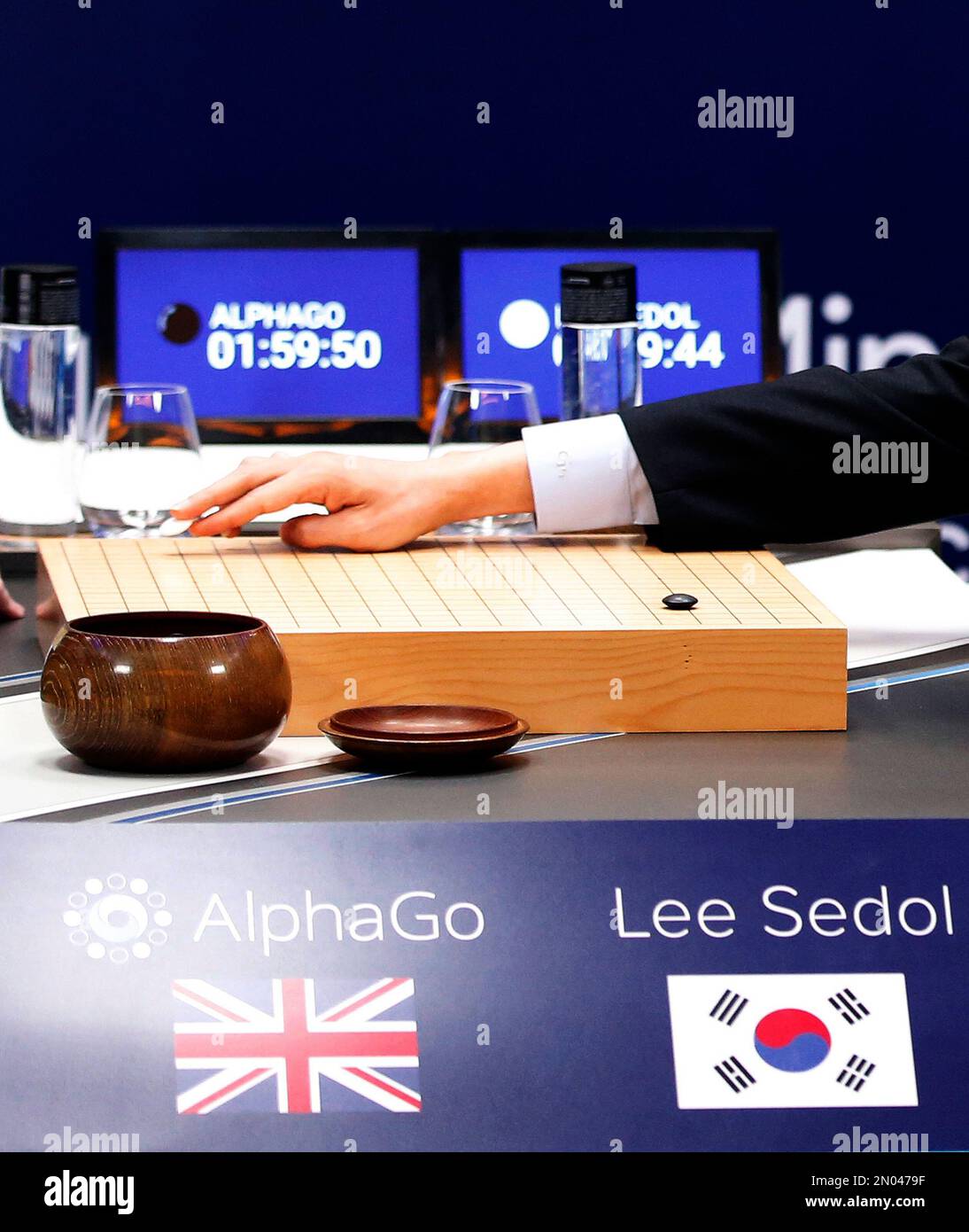 South Korean professional Go player Lee Sedol puts the first stone ...