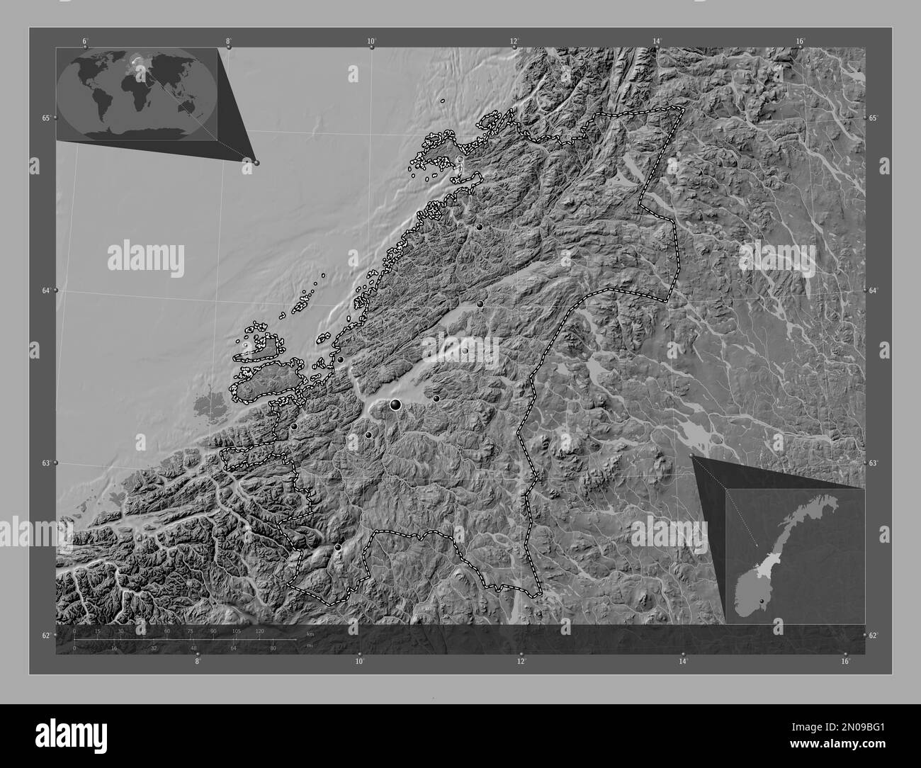 Trndelag, contea di Norvegia. Mappa altimetrica bilivello con laghi e ...