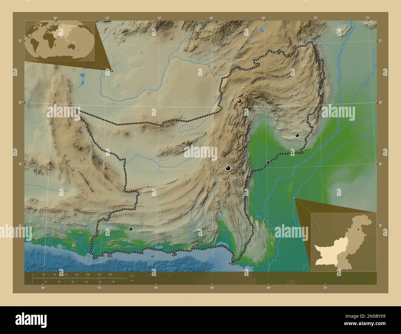 Baluchistan, provincia del Pakistan. Mappa di altitudine colorata con ...