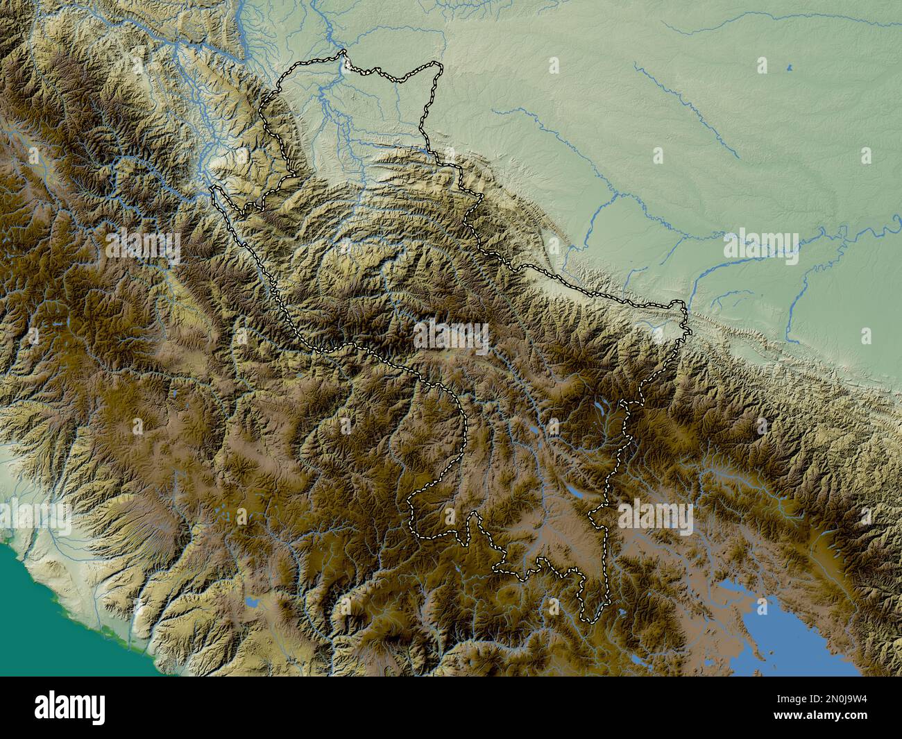 Cusco, regione del Perù. Mappa di altitudine colorata con laghi e fiumi ...