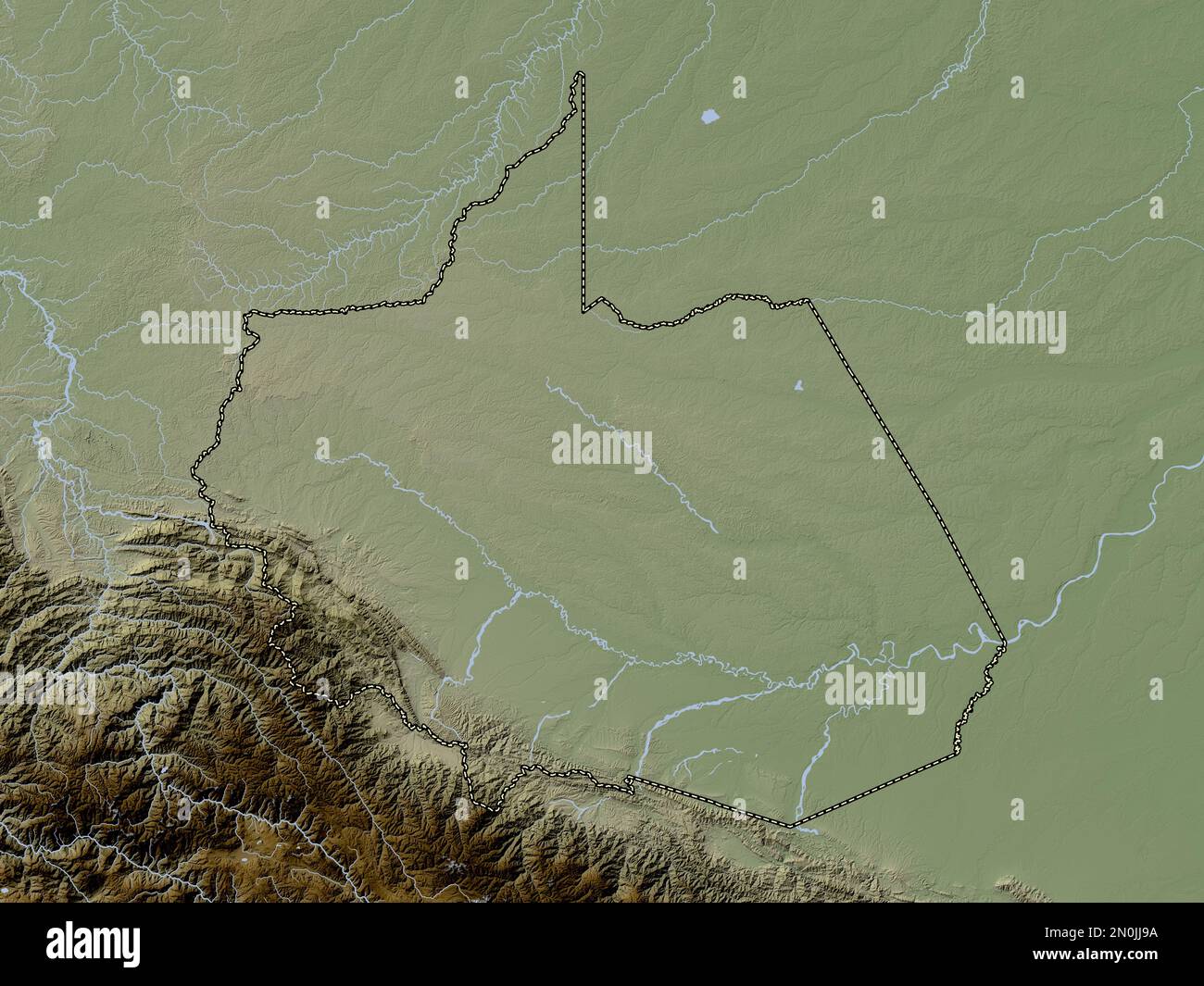 Madre de Dios, regione del Perù. Mappa dell'altitudine colorata in ...