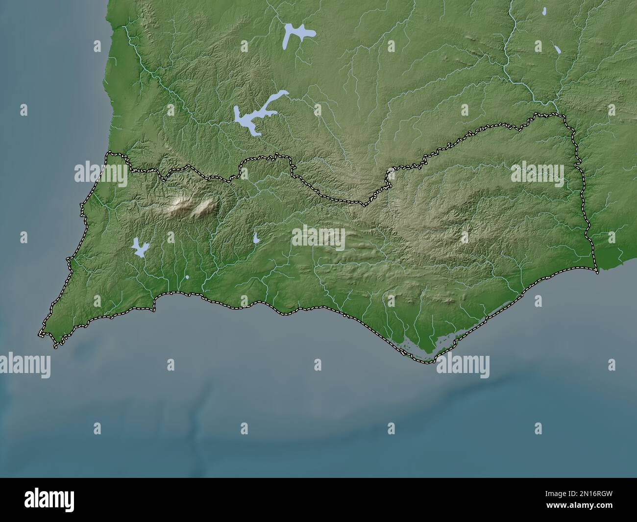 Faro, distretto del Portogallo. Mappa dell'altitudine colorata in stile ...