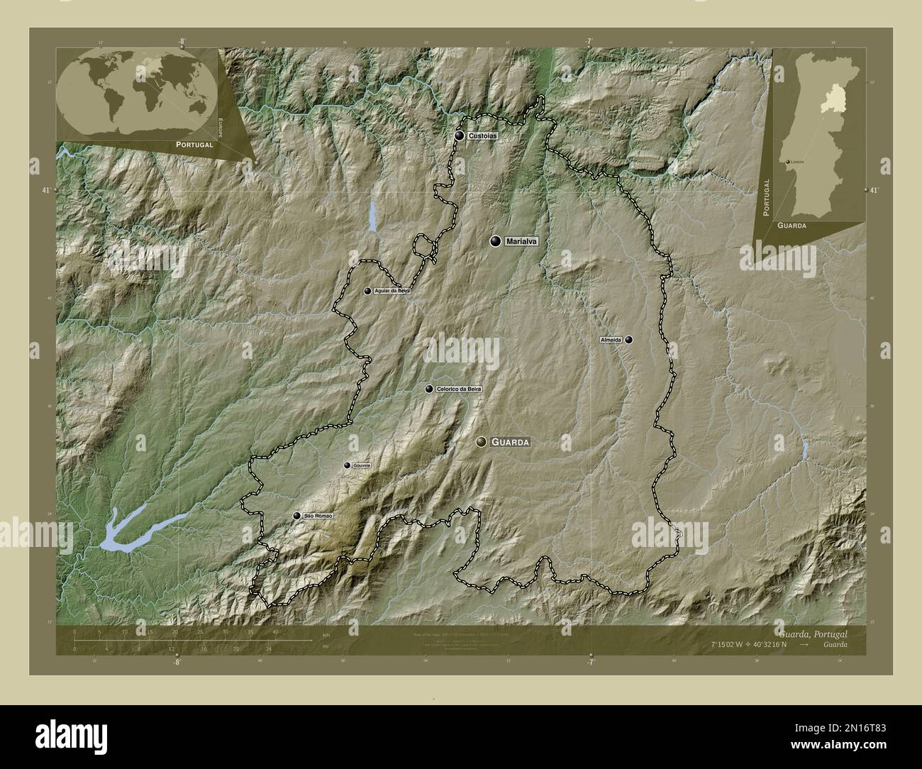 Guarda, distretto del Portogallo. Mappa dell'altitudine colorata in ...