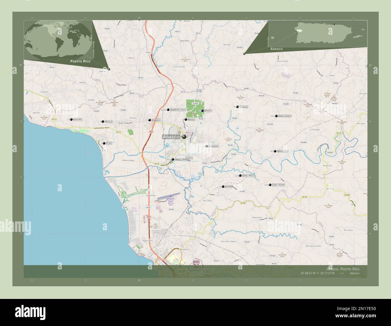 Anasco, comune di Puerto Rico. Aprire la mappa stradale. Località e ...