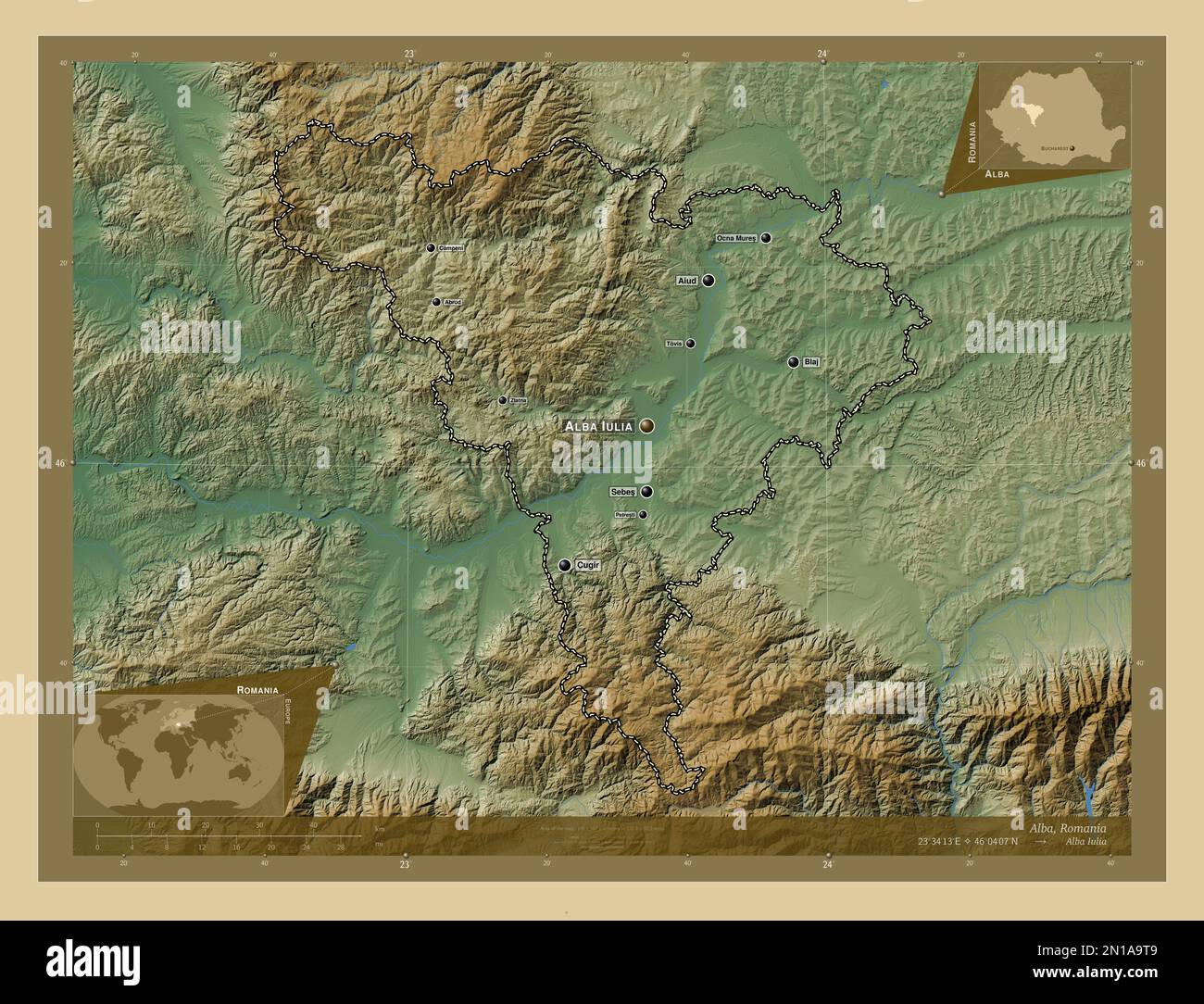 Alba, contea della Romania. Mappa di altitudine colorata con laghi e ...