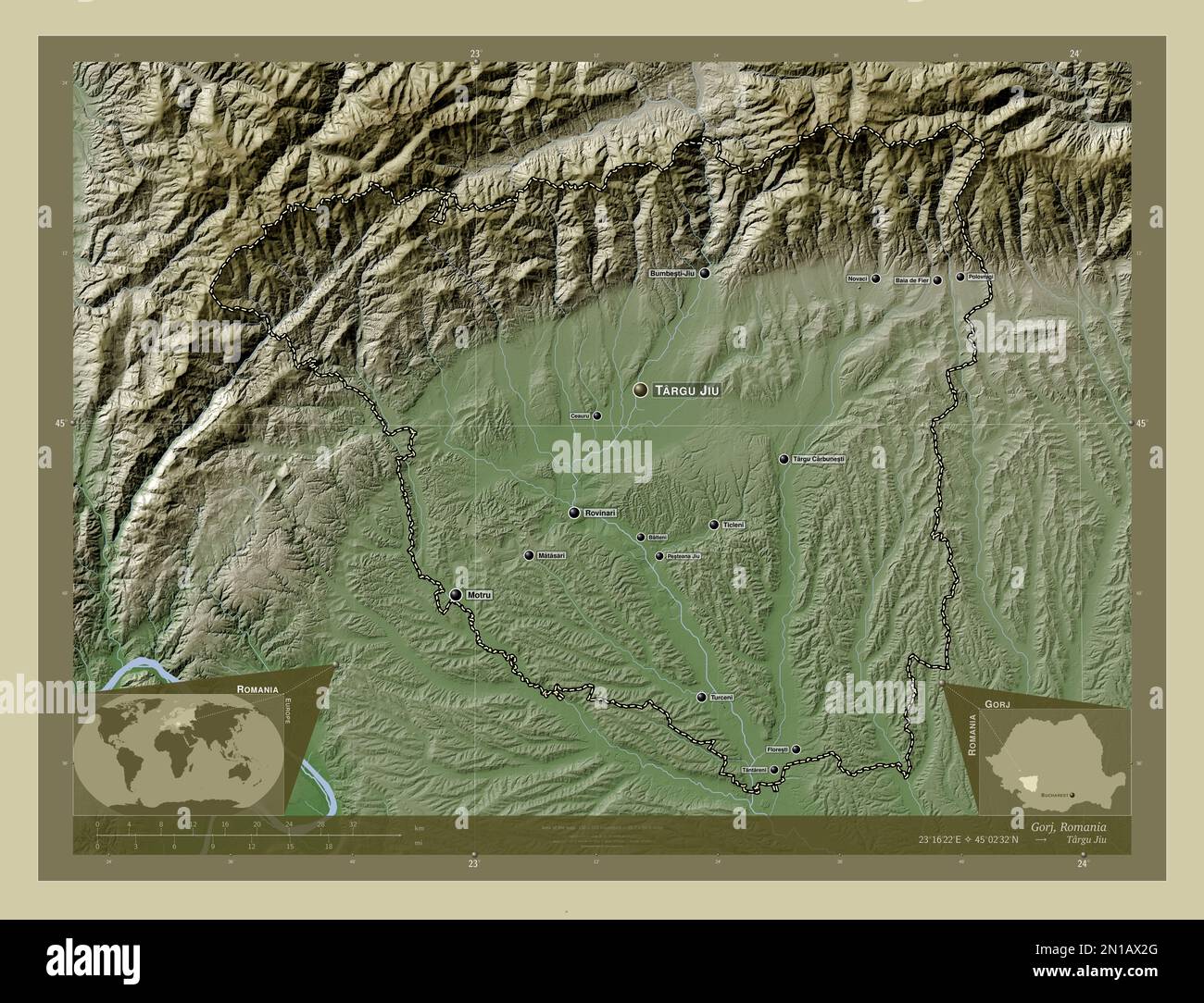 Gorj, contea della Romania. Mappa dell'altitudine colorata in stile ...