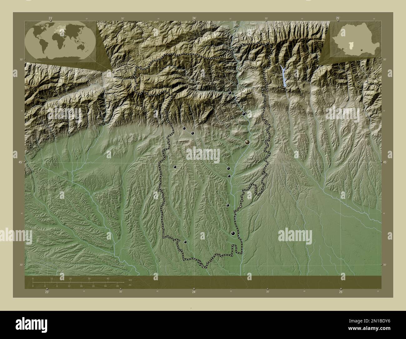 Valcea, contea della Romania. Mappa dell'altitudine colorata in stile ...