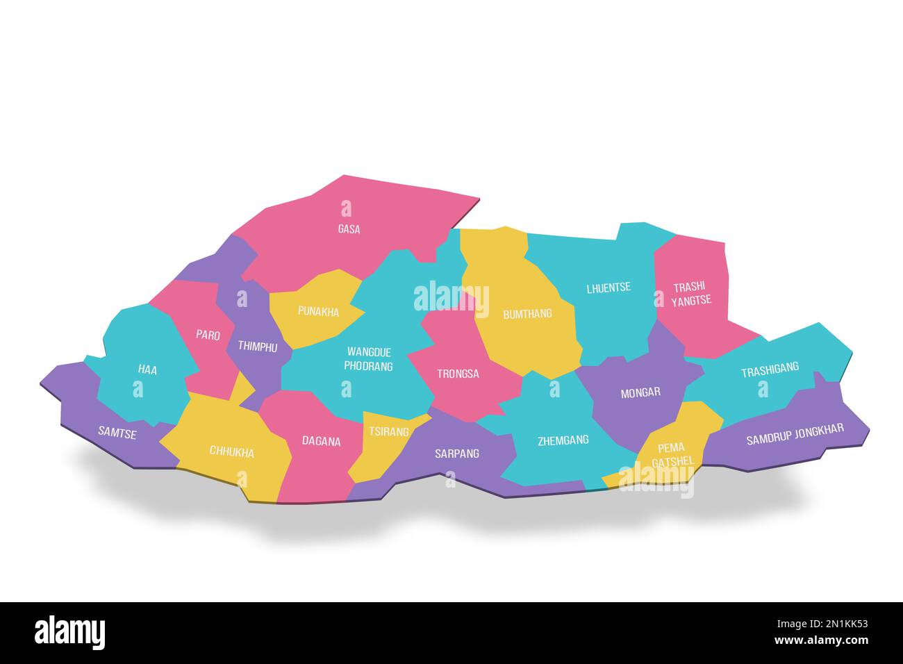 Bhutan mappa politica delle divisioni amministrative - distretti. Mappa vettoriale a colori 3D ...