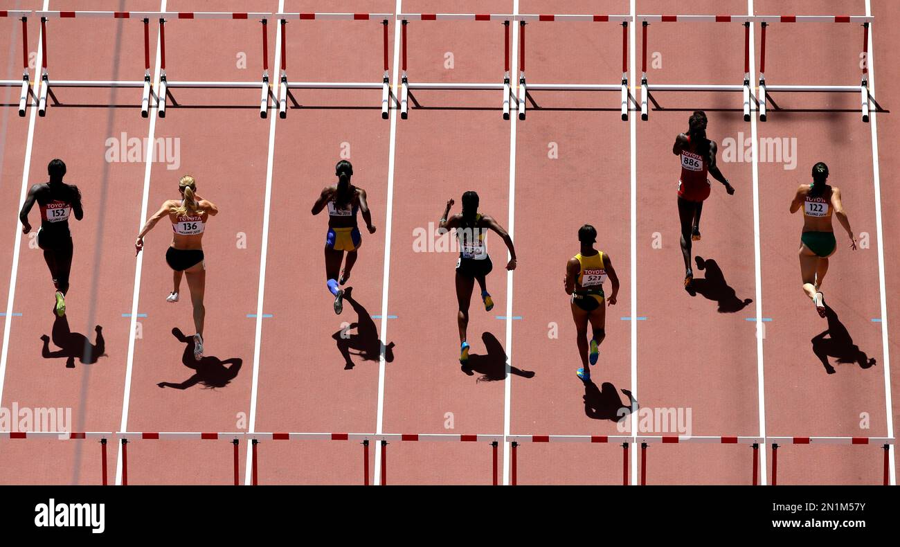 Women's 100m hurdles runners from left: Belgium's Anne Zagre, Austria's ...