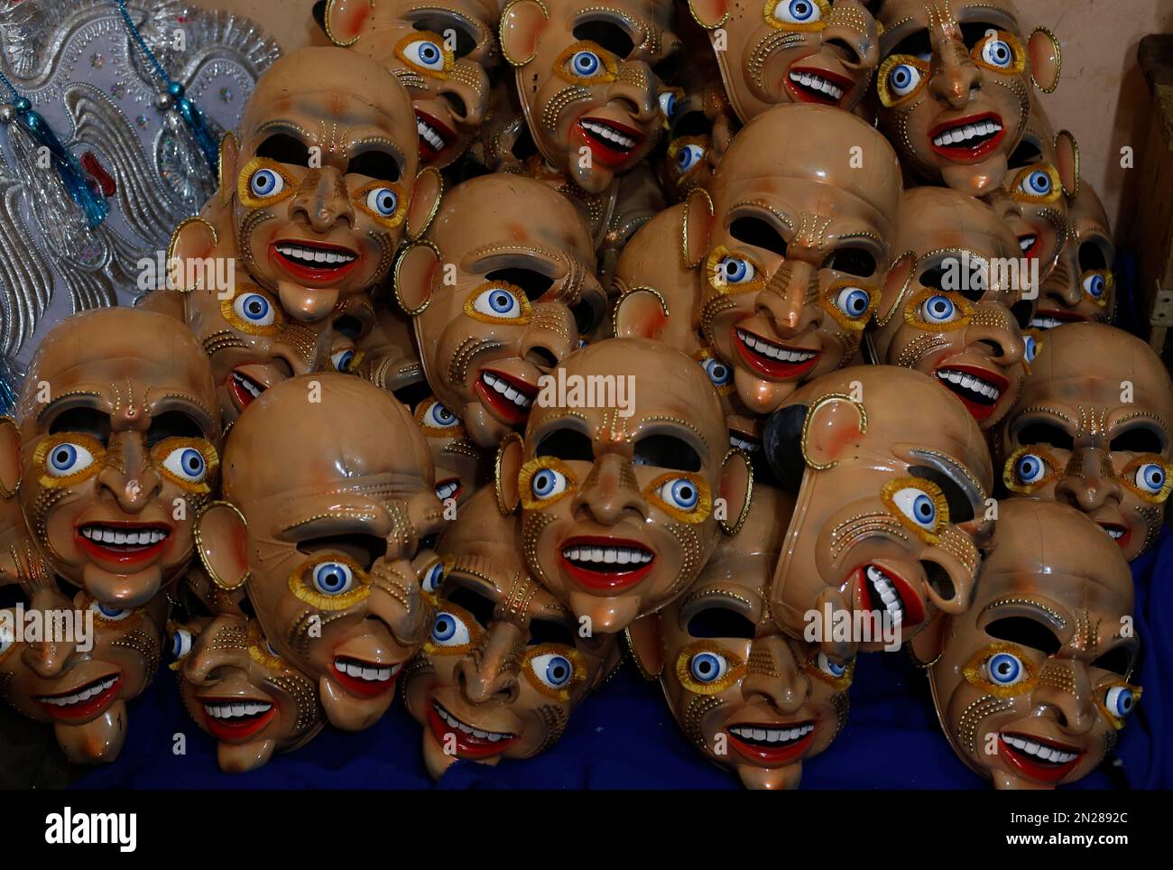 In this May 22, 2015 photo, masks of La Morenada dance, are piled up ...