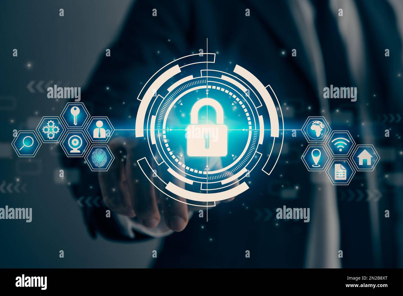 Uomo d'affari mano e dito touchscreen e interfaccia HUD Blue Lock ...