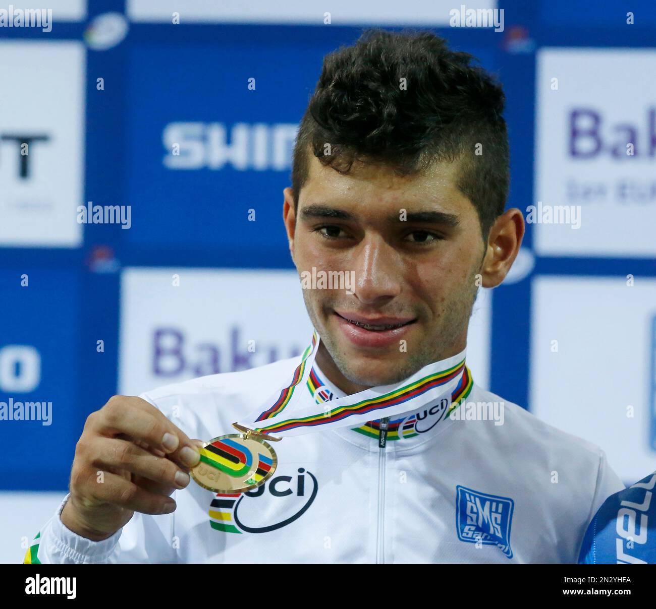 Fernando Gaviria Rendon of Colombia, poses with the gold medal during ...