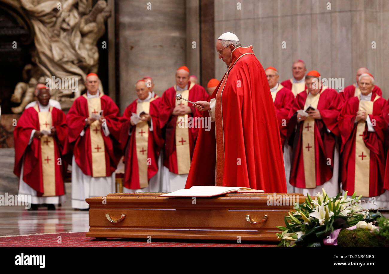 Pope Francis blesses the coffin of Cardinal Karl Josef Becker at the ...