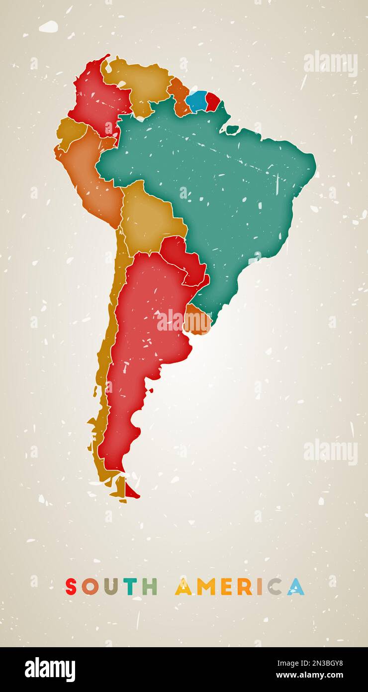 Mappa del Sud America. Poster continente con regioni colorate. Vecchio ...