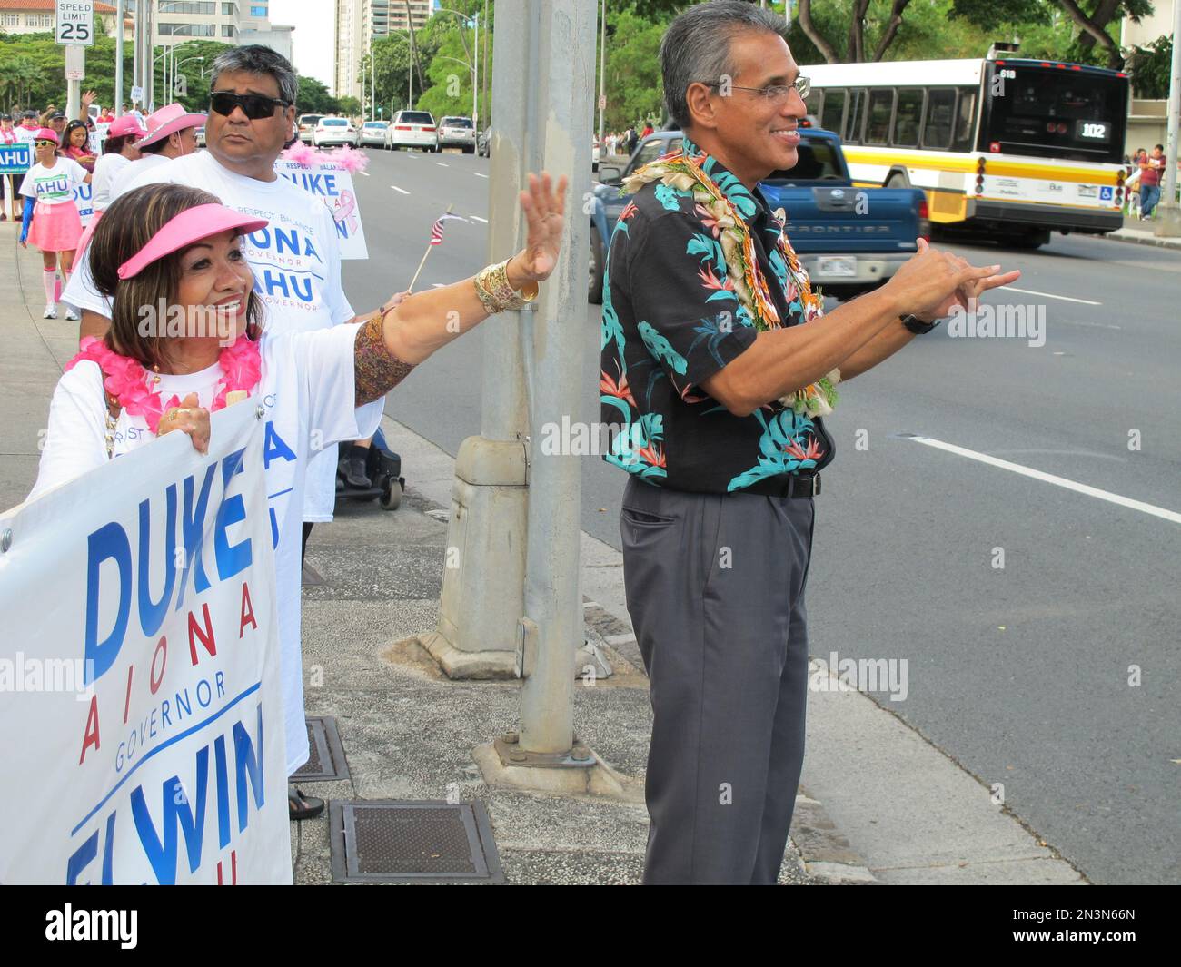 Republican gubernatorial candidate James "Duke" Aiona waves the shaka ...