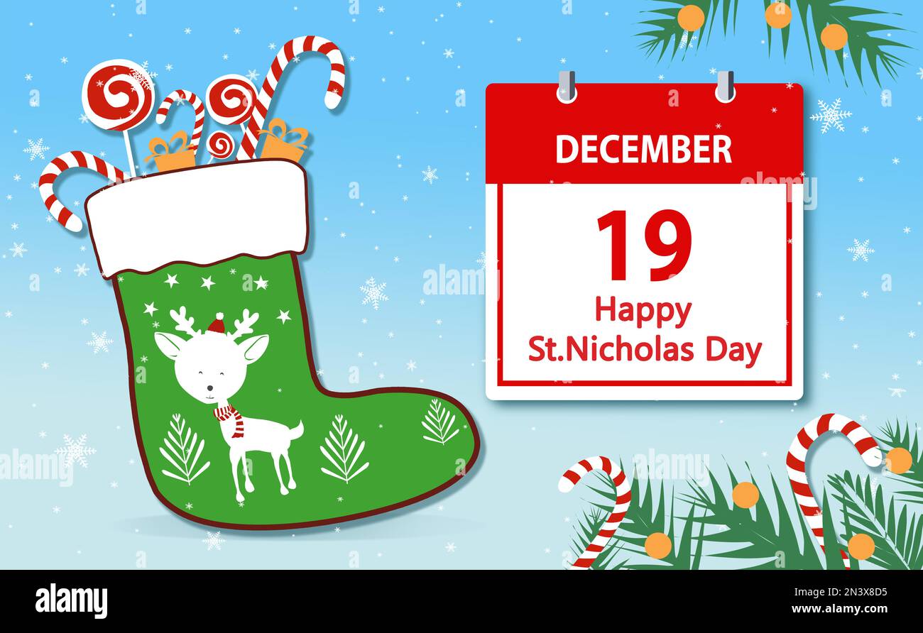 Disegno del biglietto d'auguri di San Nicola Day. Calendario con data e ...