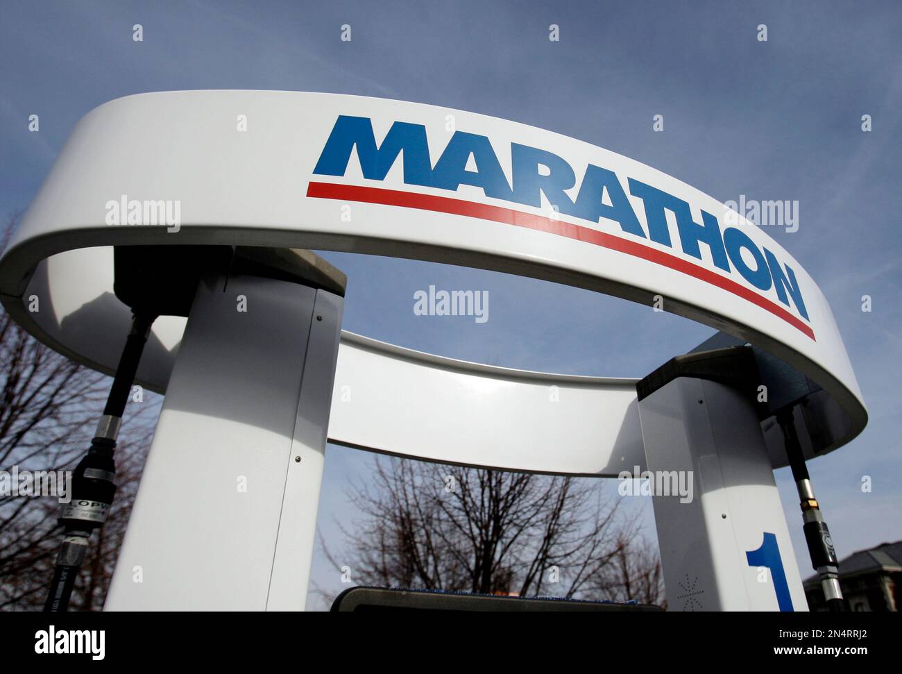 FILE - This Feb. 1, 2010 file photo shows a Marathon gas station pump ...