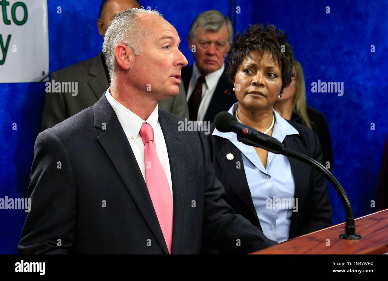 Attorney David Slane, left, speaks to the media on the execution of ...