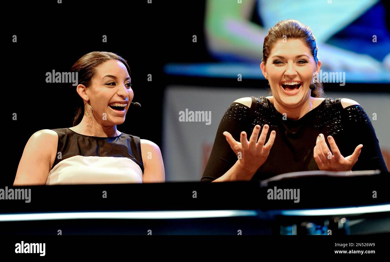 Connecticut's Bria Hartley, left, and Stefanie Dolson, share a laugh as ...