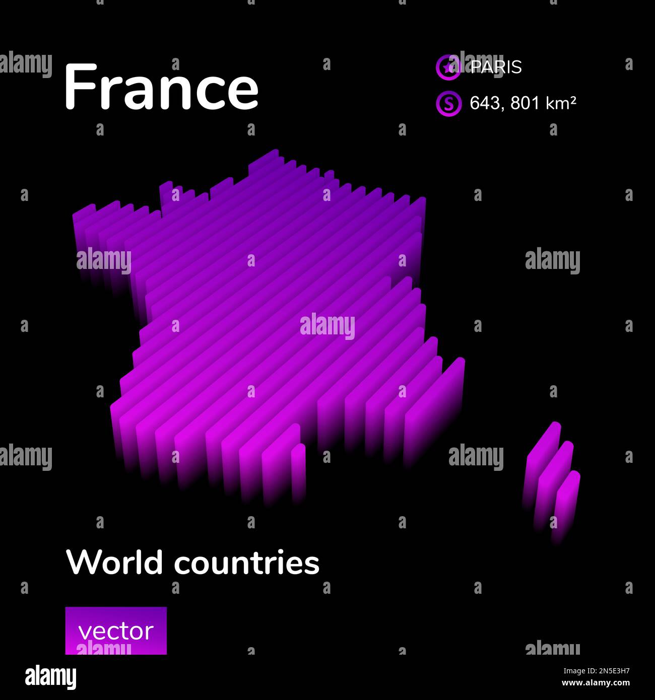 Mappa di Francia 3D. Vettore digitale a righe isometriche al neon ...